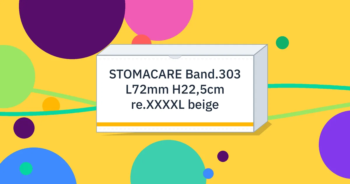 Symbolbild: Packung mit der Aufschrift STOMACARE Band.303 L72mm H22,5cm re.XXXXL beige (PZN 10840362) – Verfügbarkeit und Bezug in Apotheken in Frankfurt am Main