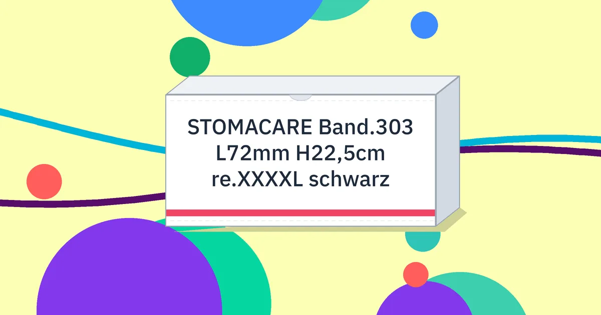 Symbolbild: Packung mit der Aufschrift STOMACARE Band.303 L72mm H22,5cm re.XXXXL schwarz (PZN 10841203) – Verfügbarkeit und Bezug in Apotheken in Frankfurt am Main