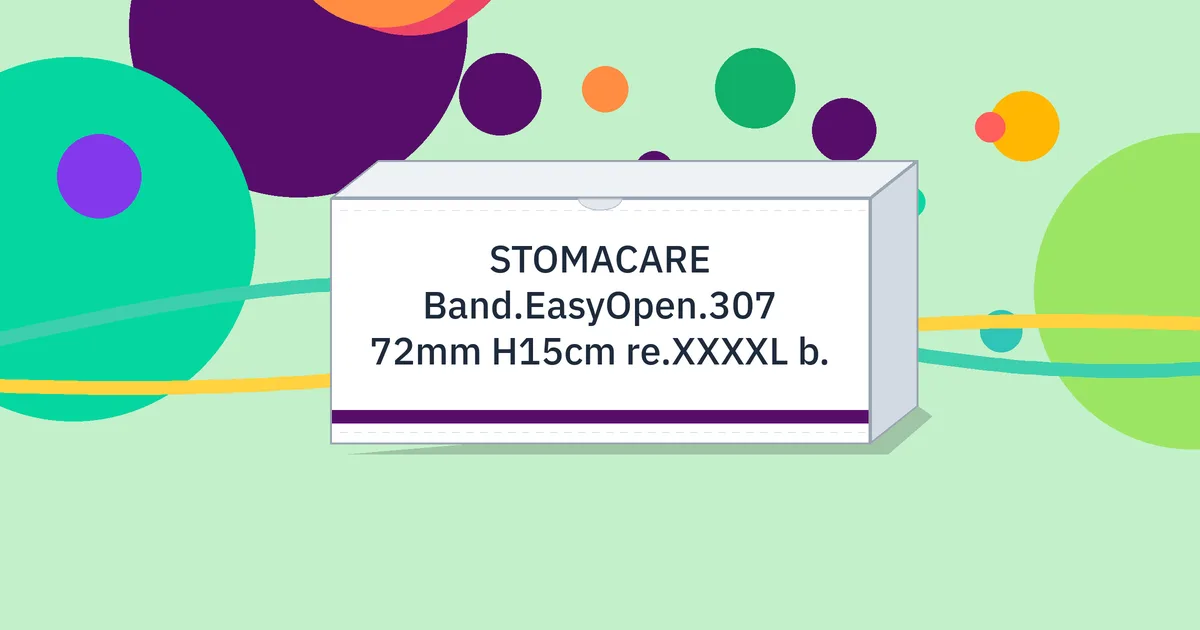 Symbolbild: Packung mit der Aufschrift STOMACARE Band.EasyOpen.307 72mm H15cm re.XXXXL b. (PZN 07665754) – Verfügbarkeit und Bezug in Apotheken in Frankfurt am Main