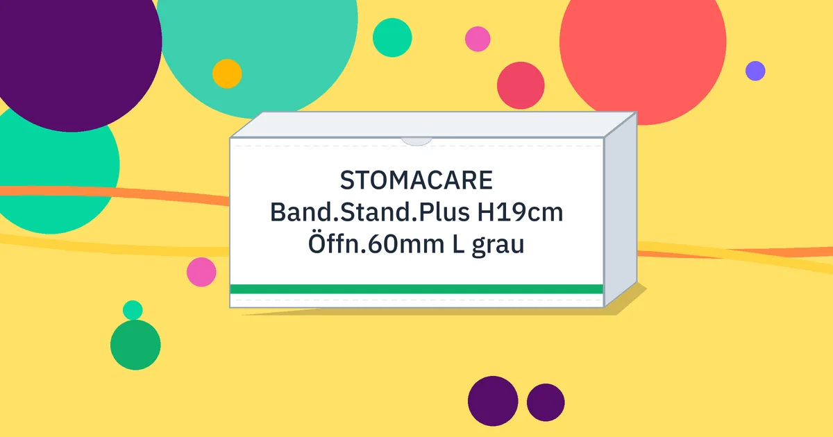 Symbolbild: Packung mit der Aufschrift STOMACARE Band.Stand.Plus H19cm Öffn.60mm L grau (PZN 16750536) – Verfügbarkeit und Bezug in Apotheken in Frankfurt am Main