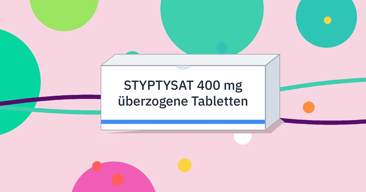 Symbolbild: Packung mit der Aufschrift STYPTYSAT 400 mg überzogene Tabletten (PZN 18119598) – Verfügbarkeit und Bezug in Apotheken in Frankfurt am Main