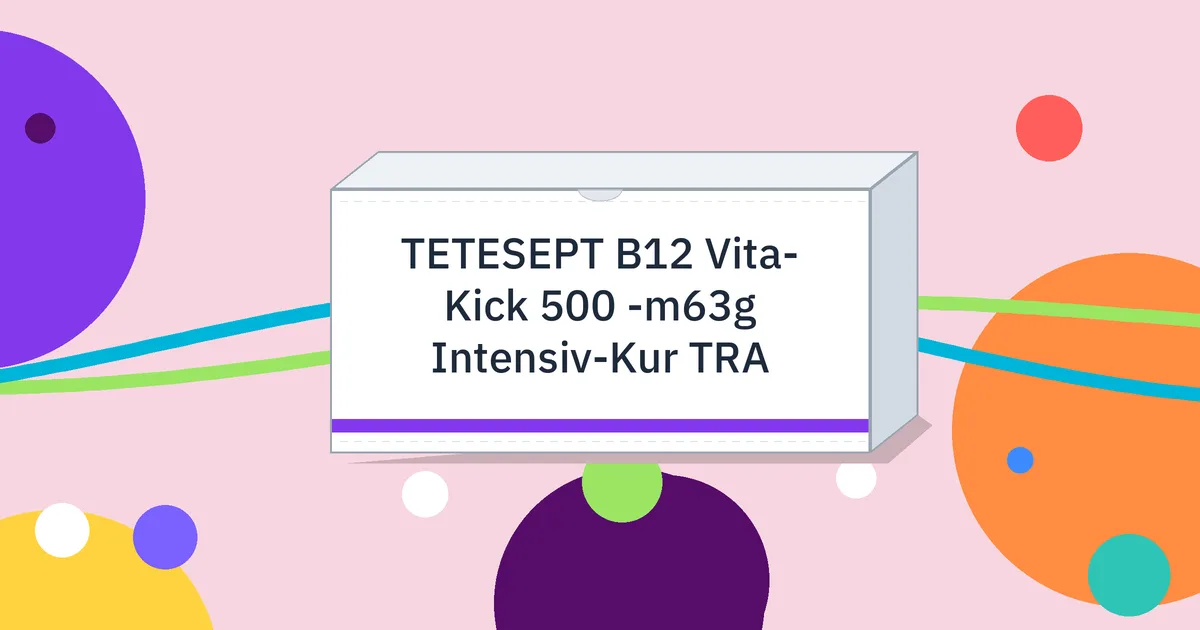 Symbolbild: Packung mit der Aufschrift TETESEPT B12 Vita-Kick 500 -m63g Intensiv-Kur TRA (PZN 18367474) – Verfügbarkeit und Bezug in Apotheken in Frankfurt am Main