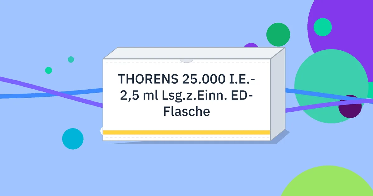 Symbolbild: Packung mit der Aufschrift THORENS 25.000 I.E.-2,5 ml Lsg.z.Einn. ED-Flasche (PZN 18083771) – Verfügbarkeit und Bezug in Apotheken in Frankfurt am Main