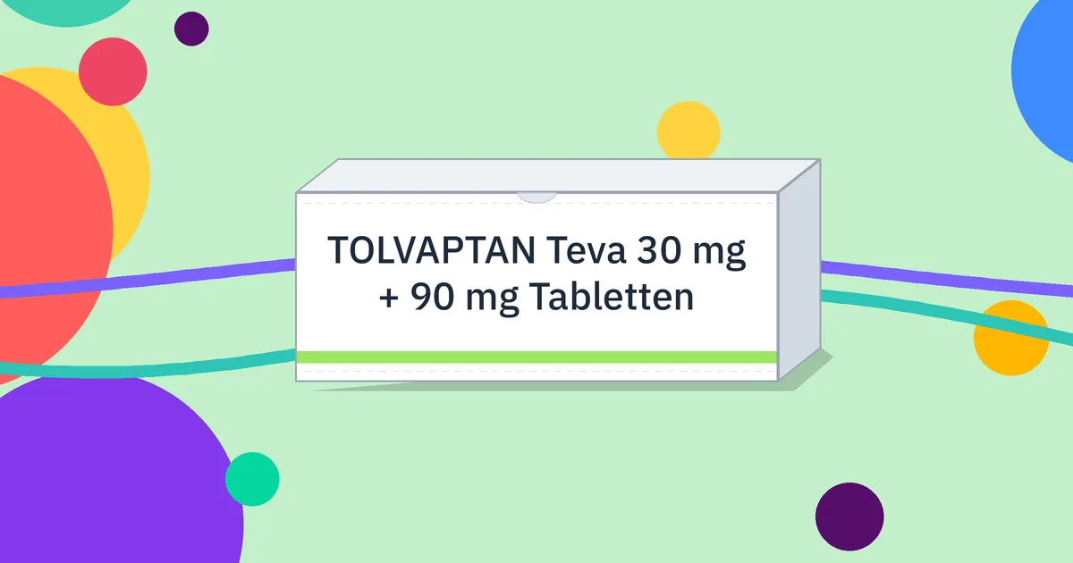 Symbolbild: Packung mit der Aufschrift TOLVAPTAN Teva 30 mg + 90 mg Tabletten (PZN 19895560) – Verfügbarkeit und Bezug in Apotheken in Frankfurt am Main