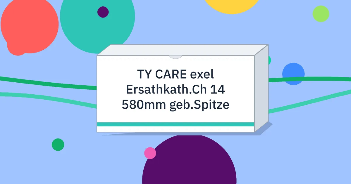 Symbolbild: Packung mit der Aufschrift TY CARE exel Ersathkath.Ch 14 580mm geb.Spitze (PZN 00807725) – Verfügbarkeit und Bezug in Apotheken in Frankfurt am Main