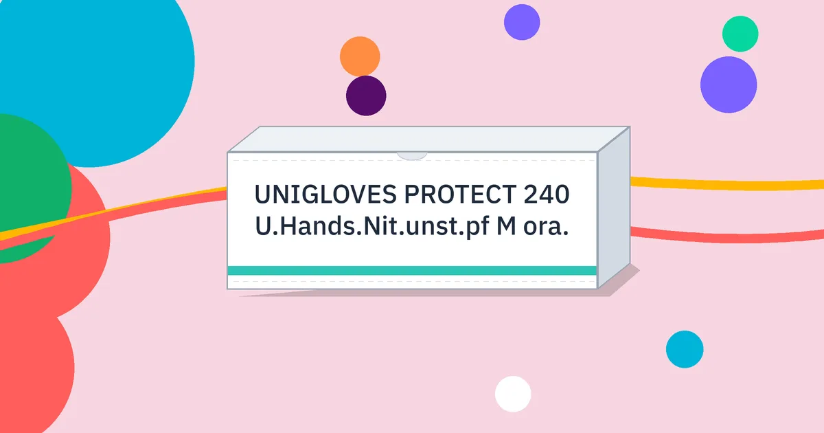 Symbolbild: Packung mit der Aufschrift UNIGLOVES PROTECT 240 U.Hands.Nit.unst.pf M ora. (PZN 18102698) – Verfügbarkeit und Bezug in Apotheken in Frankfurt am Main