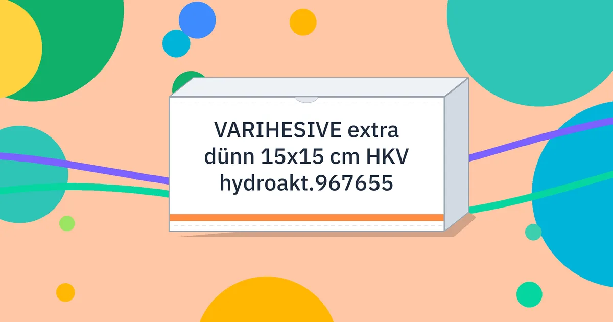 Symbolbild: Packung mit der Aufschrift VARIHESIVE extra dünn 15x15 cm HKV hydroakt.967655 (PZN 01494300) – Verfügbarkeit und Bezug in Apotheken in Frankfurt am Main