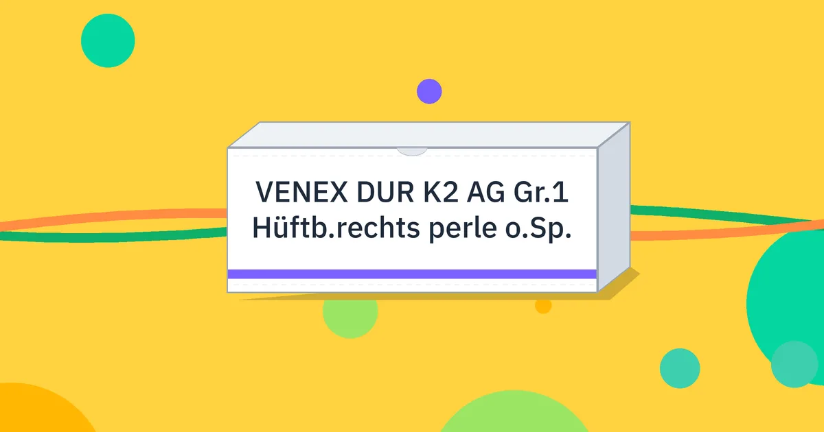 Symbolbild: Packung mit der Aufschrift VENEX DUR K2 AG Gr.1 Hüftb.rechts perle o.Sp. (PZN 03231355) – Verfügbarkeit und Bezug in Apotheken in Frankfurt am Main