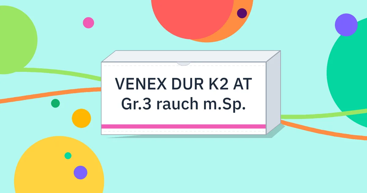 Symbolbild: Packung mit der Aufschrift VENEX DUR K2 AT Gr.3 rauch m.Sp. (PZN 03221664) – Verfügbarkeit und Bezug in Apotheken in Frankfurt am Main