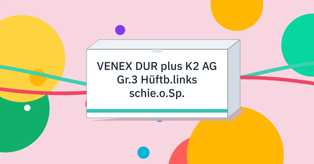 Symbolbild: Packung mit der Aufschrift VENEX DUR plus K2 AG Gr.3 Hüftb.links schie.o.Sp. (PZN 03242494) – Verfügbarkeit und Bezug in Apotheken in Frankfurt am Main