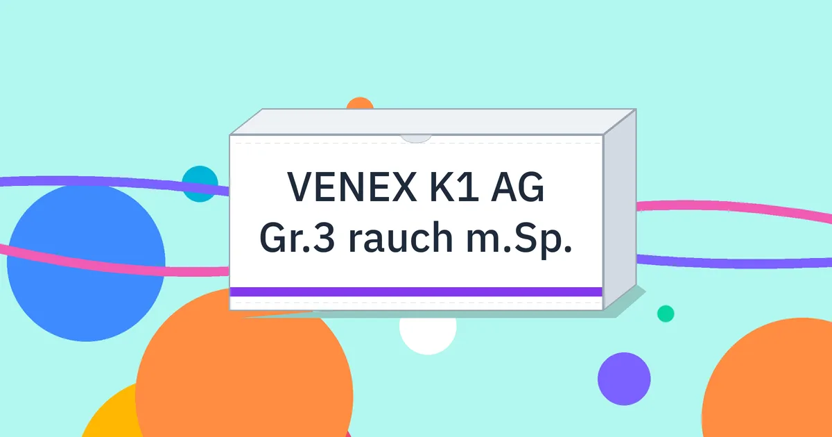 Symbolbild: Packung mit der Aufschrift VENEX K1 AG Gr.3 rauch m.Sp. (PZN 03186689) – Verfügbarkeit und Bezug in Apotheken in Frankfurt am Main