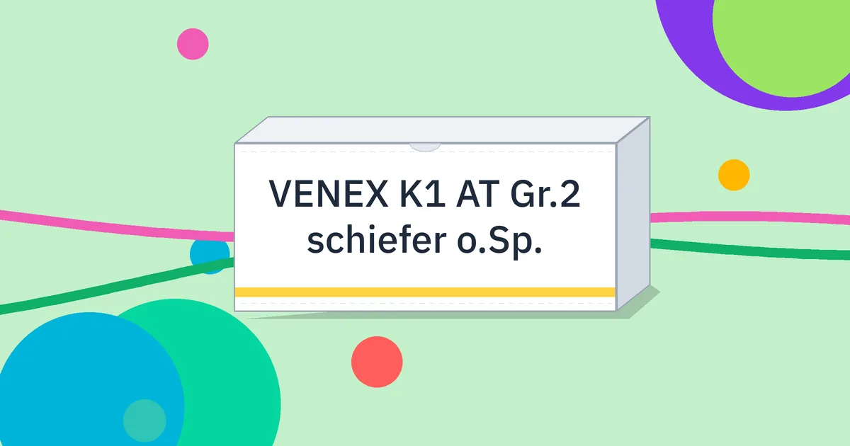 Symbolbild: Packung mit der Aufschrift VENEX K1 AT Gr.2 schiefer o.Sp. (PZN 03198178) – Verfügbarkeit und Bezug in Apotheken in Frankfurt am Main