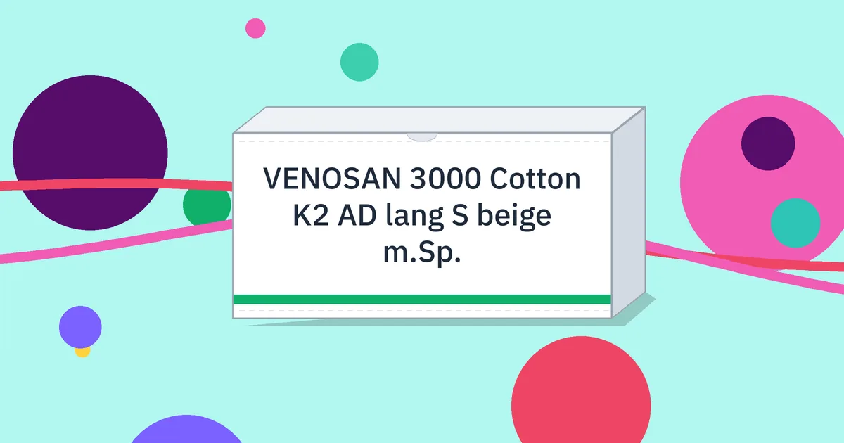 Symbolbild: Packung mit der Aufschrift VENOSAN 3000 Cotton K2 AD lang S beige m.Sp. (PZN 14421171) – Verfügbarkeit und Bezug in Apotheken in Frankfurt am Main