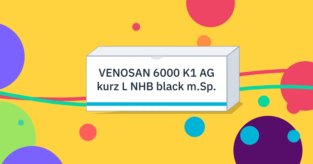 Symbolbild: Packung mit der Aufschrift VENOSAN 6000 K1 AG kurz L NHB black m.Sp. (PZN 17171881) – Verfügbarkeit und Bezug in Apotheken in Frankfurt am Main