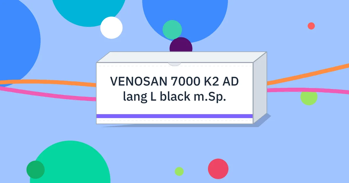 Symbolbild: Packung mit der Aufschrift VENOSAN 7000 K2 AD lang L black m.Sp. (PZN 14435581) – Verfügbarkeit und Bezug in Apotheken in Frankfurt am Main