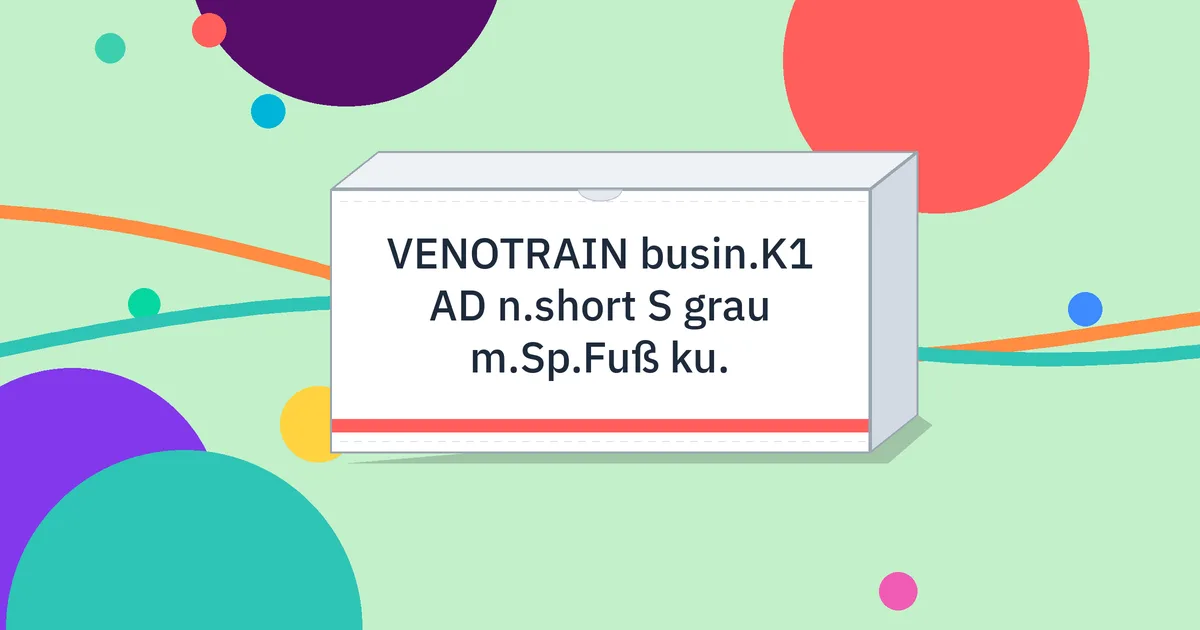 Symbolbild: Packung mit der Aufschrift VENOTRAIN busin.K1 AD n.short S grau m.Sp.Fuß ku. (PZN 19057155) – Verfügbarkeit und Bezug in Apotheken in Frankfurt am Main