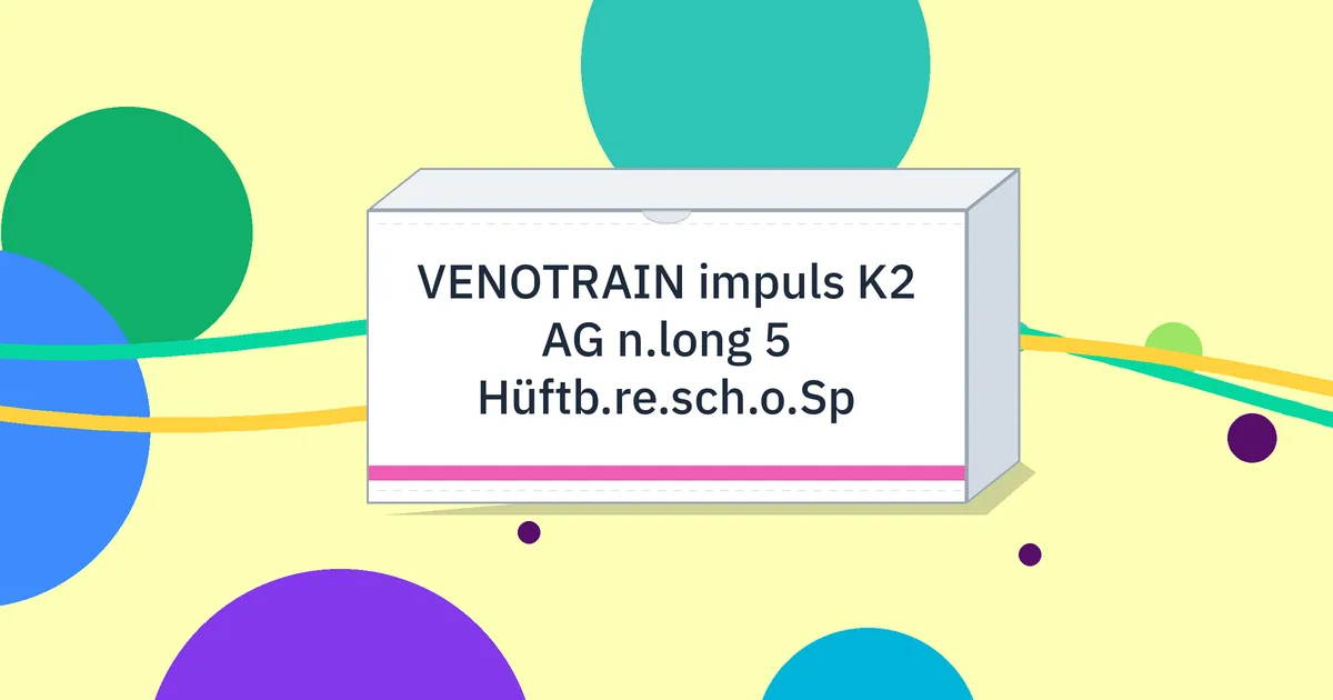 Symbolbild: Packung mit der Aufschrift VENOTRAIN impuls K2 AG n.long 5 Hüftb.re.sch.o.Sp (PZN 10293339) – Verfügbarkeit und Bezug in Apotheken in Frankfurt am Main