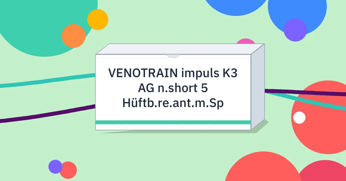 Symbolbild: Packung mit der Aufschrift VENOTRAIN impuls K3 AG n.short 5 Hüftb.re.ant.m.Sp (PZN 15218176) – Verfügbarkeit und Bezug in Apotheken in Frankfurt am Main