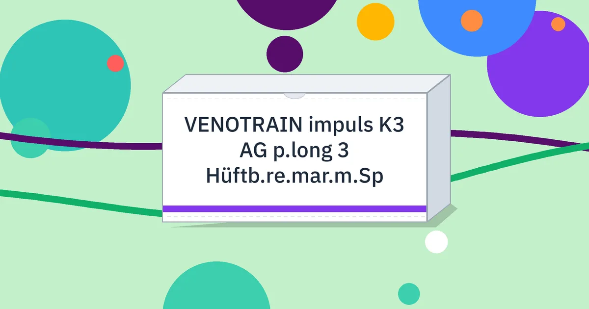 Symbolbild: Packung mit der Aufschrift VENOTRAIN impuls K3 AG p.long 3 Hüftb.re.mar.m.Sp (PZN 15217774) – Verfügbarkeit und Bezug in Apotheken in Frankfurt am Main