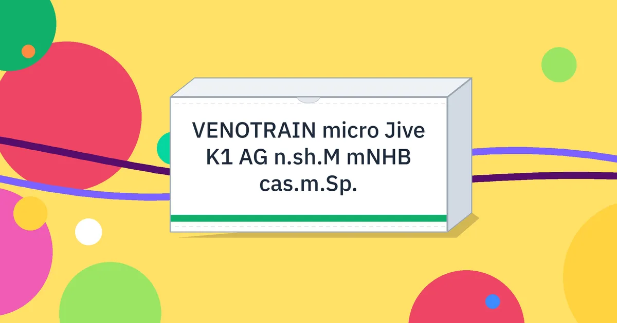 Symbolbild: Packung mit der Aufschrift VENOTRAIN micro Jive K1 AG n.sh.M mNHB cas.m.Sp. (PZN 20766247) – Verfügbarkeit und Bezug in Apotheken in Frankfurt am Main