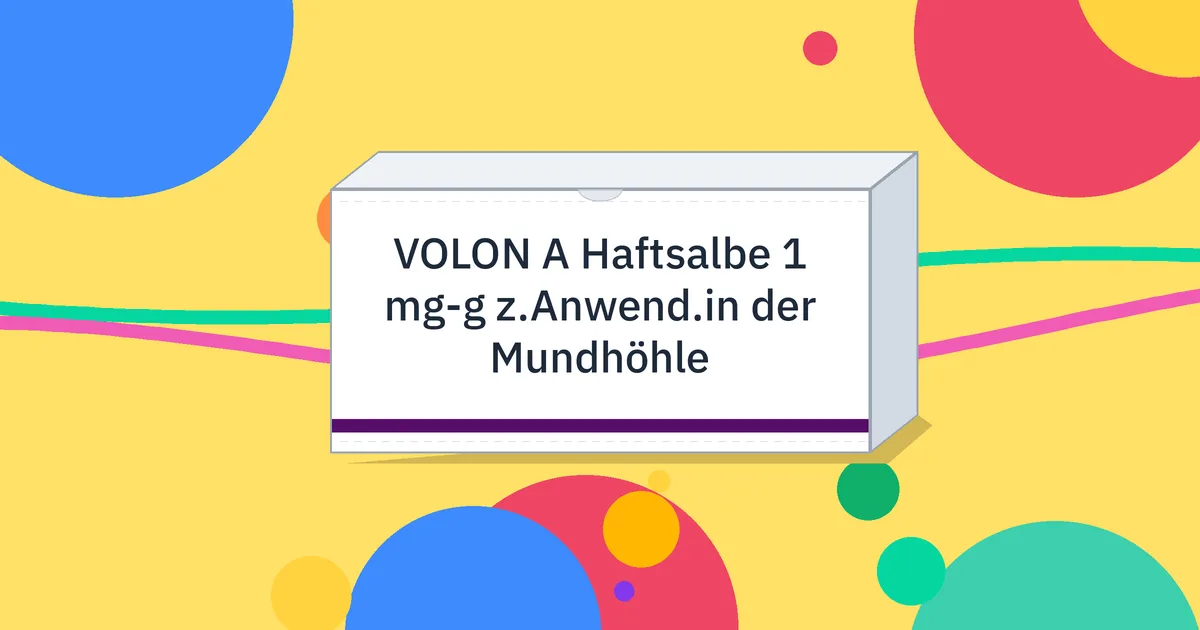 Symbolbild: Packung mit der Aufschrift VOLON A Haftsalbe 1 mg-g z.Anwend.in der Mundhöhle (PZN 01594993) – Verfügbarkeit und Bezug in Apotheken in Frankfurt am Main