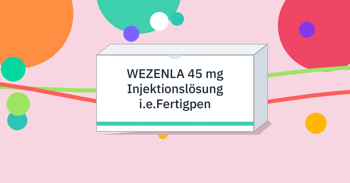 Symbolbild: Packung mit der Aufschrift WEZENLA 45 mg Injektionslösung i.e.Fertigpen (PZN 19658009) – Verfügbarkeit und Bezug in Apotheken in Frankfurt am Main
