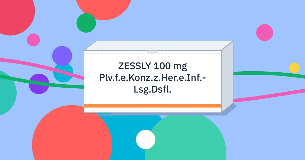 Symbolbild: Packung mit der Aufschrift ZESSLY 100 mg Plv.f.e.Konz.z.Her.e.Inf.-Lsg.Dsfl. (PZN 16945843) – Verfügbarkeit und Bezug in Apotheken in Frankfurt am Main