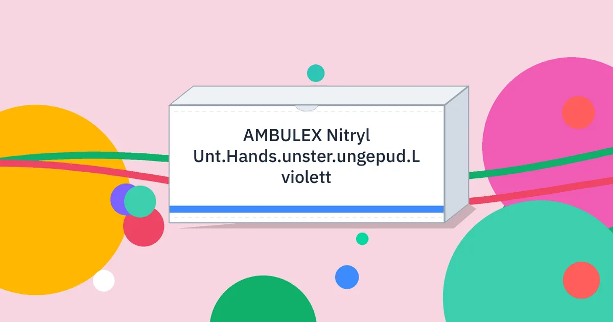 Symbolbild: Packung mit der Aufschrift AMBULEX Nitryl Unt.Hands.unster.ungepud.L violett (PZN 17879166) – Verfügbarkeit und Bezug in Apotheken in Frankfurt am Main