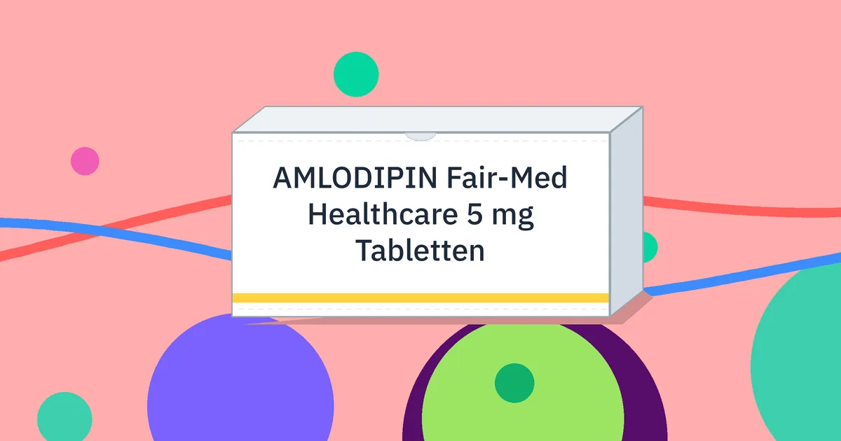 Symbolbild: Packung mit der Aufschrift AMLODIPIN Fair-Med Healthcare 5 mg Tabletten (PZN 10420499) – Verfügbarkeit und Bezug in Apotheken in Frankfurt am Main