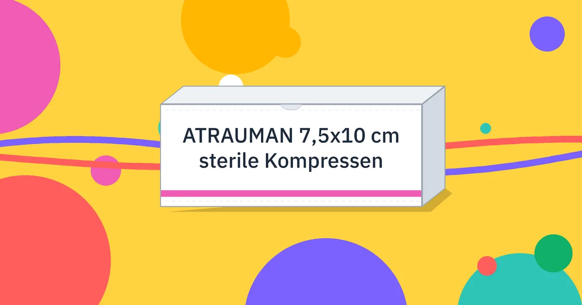 Symbolbild: Packung mit der Aufschrift ATRAUMAN 7,5x10 cm sterile Kompressen (PZN 20610605) – Verfügbarkeit und Bezug in Apotheken in Frankfurt am Main