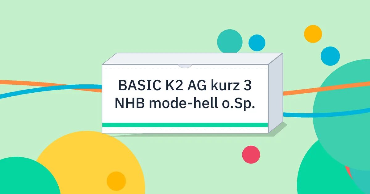 Symbolbild: Packung mit der Aufschrift BASIC K2 AG kurz 3 NHB mode-hell o.Sp. (PZN 20267113) – Verfügbarkeit und Bezug in Apotheken in Frankfurt am Main