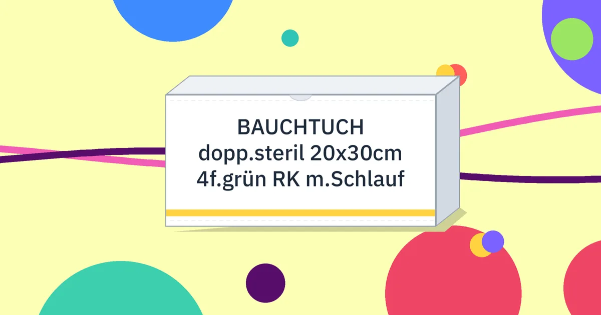 Symbolbild: Packung mit der Aufschrift BAUCHTUCH dopp.steril 20x30cm 4f.grün RK m.Schlauf (PZN 13166280) – Verfügbarkeit und Bezug in Apotheken in Frankfurt am Main