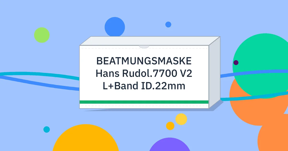 Symbolbild: Packung mit der Aufschrift BEATMUNGSMASKE Hans Rudol.7700 V2 L+Band ID.22mm (PZN 17303147) – Verfügbarkeit und Bezug in Apotheken in Frankfurt am Main