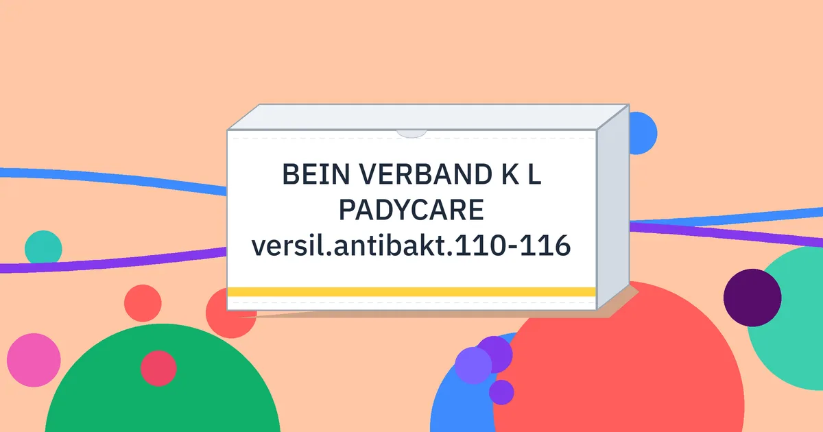 Symbolbild: Packung mit der Aufschrift BEIN VERBAND K L PADYCARE versil.antibakt.110-116 (PZN 10938687) – Verfügbarkeit und Bezug in Apotheken in Frankfurt am Main