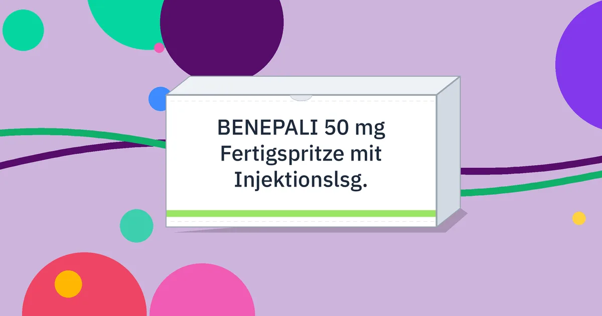 Symbolbild: Packung mit der Aufschrift BENEPALI 50 mg Fertigspritze mit Injektionslsg. (PZN 15239497) – Verfügbarkeit und Bezug in Apotheken in Frankfurt am Main