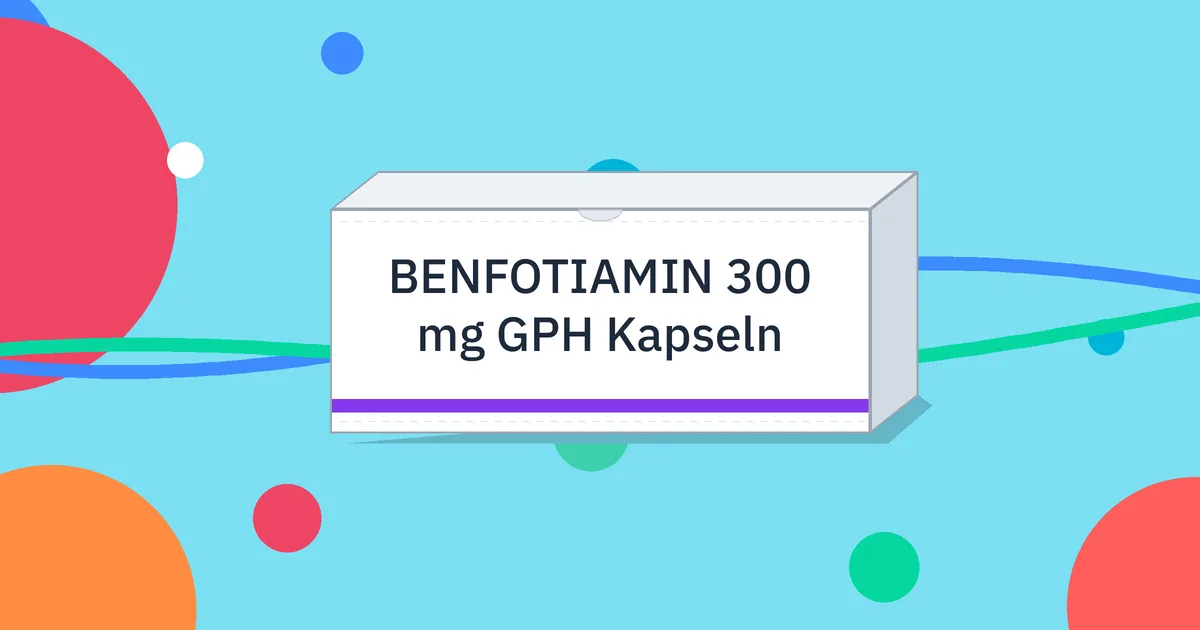 Symbolbild: Packung mit der Aufschrift BENFOTIAMIN 300 mg GPH Kapseln (PZN 11658406) – Verfügbarkeit und Bezug in Apotheken in Frankfurt am Main