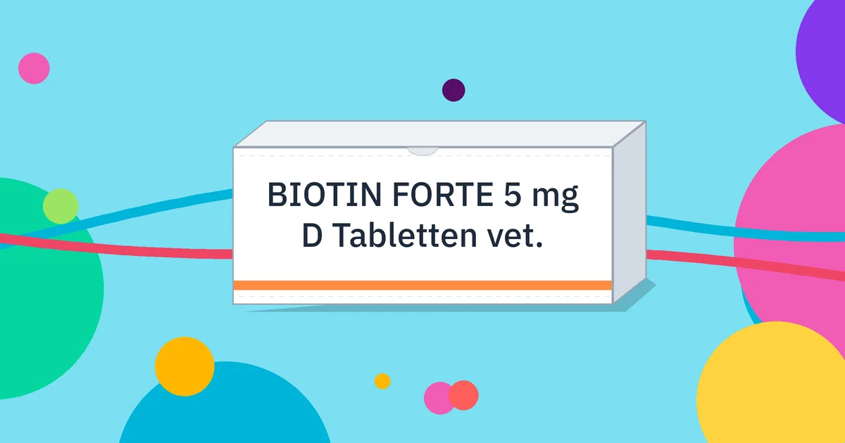 Symbolbild: Packung mit der Aufschrift BIOTIN FORTE 5 mg D Tabletten vet. (PZN 02379050) – Verfügbarkeit und Bezug in Apotheken in Frankfurt am Main
