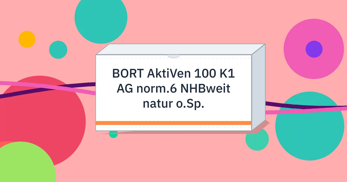 Symbolbild: Packung mit der Aufschrift BORT AktiVen 100 K1 AG norm.6 NHBweit natur o.Sp. (PZN 13729470) – Verfügbarkeit und Bezug in Apotheken in Frankfurt am Main