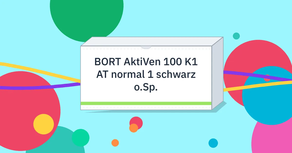 Symbolbild: Packung mit der Aufschrift BORT AktiVen 100 K1 AT normal 1 schwarz o.Sp. (PZN 14388717) – Verfügbarkeit und Bezug in Apotheken in Frankfurt am Main