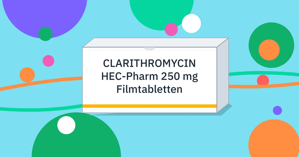 Symbolbild: Packung mit der Aufschrift CLARITHROMYCIN HEC-Pharm 250 mg Filmtabletten (PZN 13346740) – Verfügbarkeit und Bezug in Apotheken in Frankfurt am Main