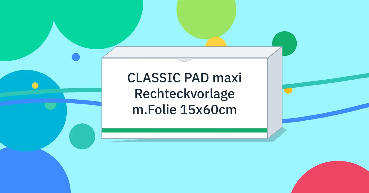 Symbolbild: Packung mit der Aufschrift CLASSIC PAD maxi Rechteckvorlage m.Folie 15x60cm (PZN 10329988) – Verfügbarkeit und Bezug in Apotheken in Frankfurt am Main