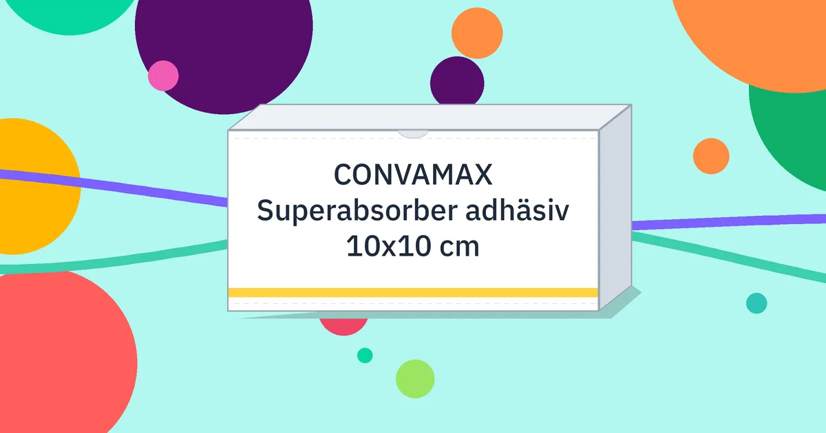 Symbolbild: Packung mit der Aufschrift CONVAMAX Superabsorber adhäsiv 10x10 cm (PZN 18760444) – Verfügbarkeit und Bezug in Apotheken in Frankfurt am Main