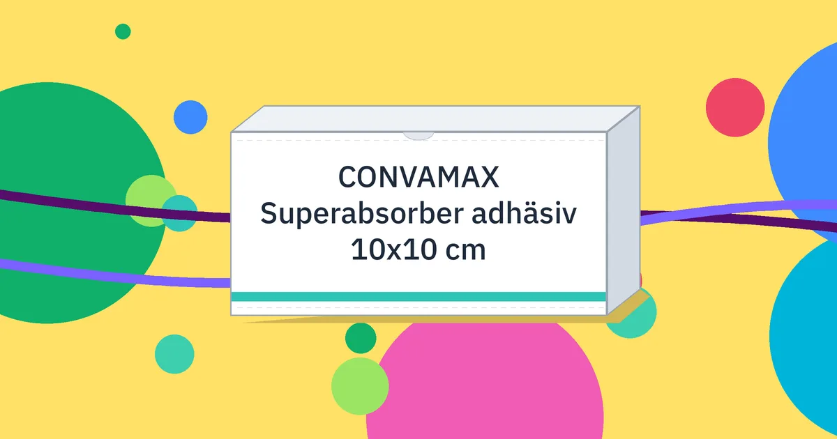Symbolbild: Packung mit der Aufschrift CONVAMAX Superabsorber adhäsiv 10x10 cm (PZN 19825513) – Verfügbarkeit und Bezug in Apotheken in Frankfurt am Main