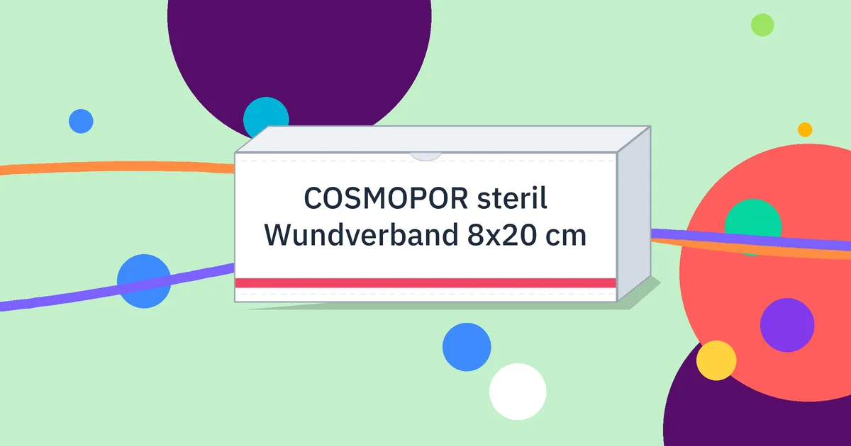 Symbolbild: Packung mit der Aufschrift COSMOPOR steril Wundverband 8x20 cm (PZN 15823931) – Verfügbarkeit und Bezug in Apotheken in Frankfurt am Main