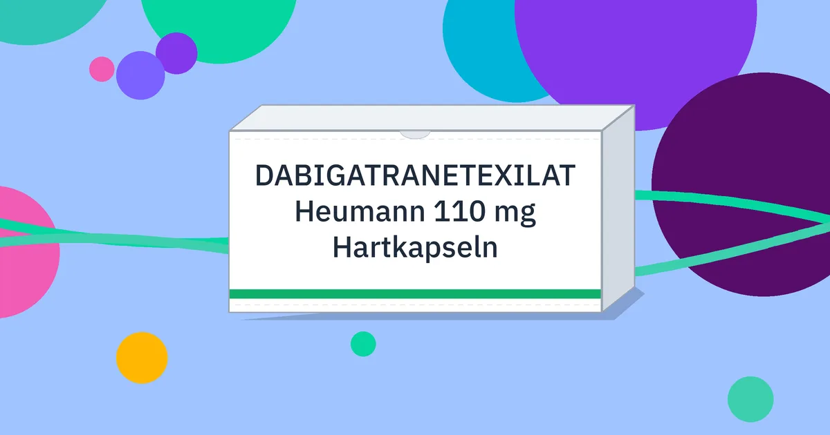 Symbolbild: Packung mit der Aufschrift DABIGATRANETEXILAT Heumann 110 mg Hartkapseln (PZN 18486233) – Verfügbarkeit und Bezug in Apotheken in Frankfurt am Main