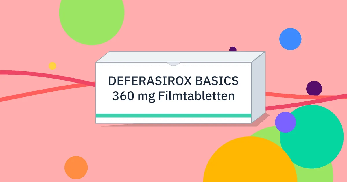 Symbolbild: Packung mit der Aufschrift DEFERASIROX BASICS 360 mg Filmtabletten (PZN 19192930) – Verfügbarkeit und Bezug in Apotheken in Frankfurt am Main