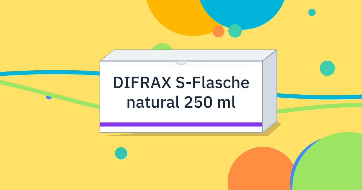 Symbolbild: Packung mit der Aufschrift DIFRAX S-Flasche natural 250 ml (PZN 12517926) – Verfügbarkeit und Bezug in Apotheken in Frankfurt am Main