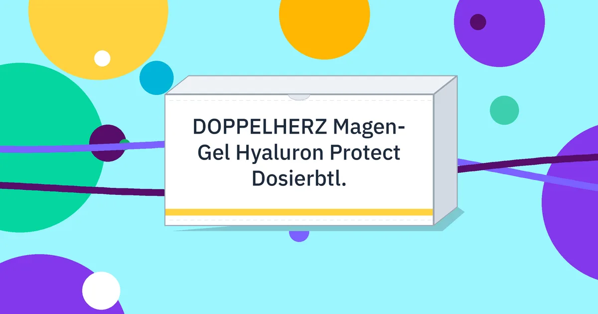 Symbolbild: Packung mit der Aufschrift DOPPELHERZ Magen-Gel Hyaluron Protect Dosierbtl. (PZN 20062925) – Verfügbarkeit und Bezug in Apotheken in Frankfurt am Main