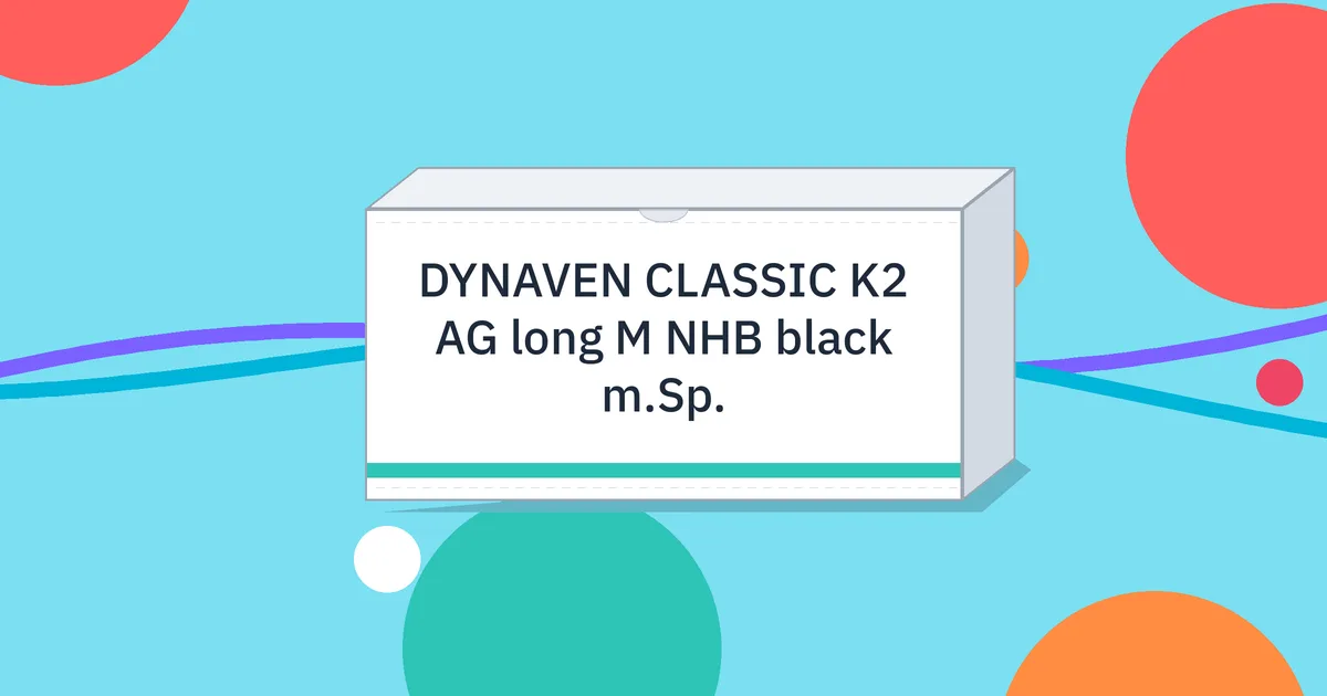 Symbolbild: Packung mit der Aufschrift DYNAVEN CLASSIC K2 AG long M NHB black m.Sp. (PZN 18418579) – Verfügbarkeit und Bezug in Apotheken in Frankfurt am Main