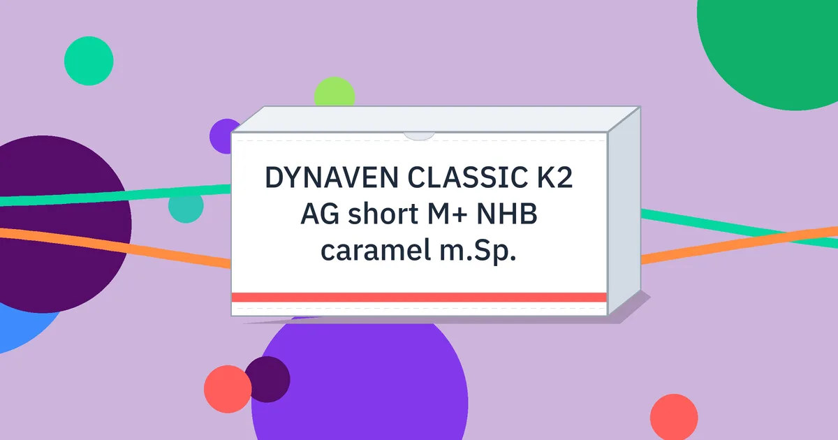Symbolbild: Packung mit der Aufschrift DYNAVEN CLASSIC K2 AG short M+ NHB caramel m.Sp. (PZN 18418792) – Verfügbarkeit und Bezug in Apotheken in Frankfurt am Main